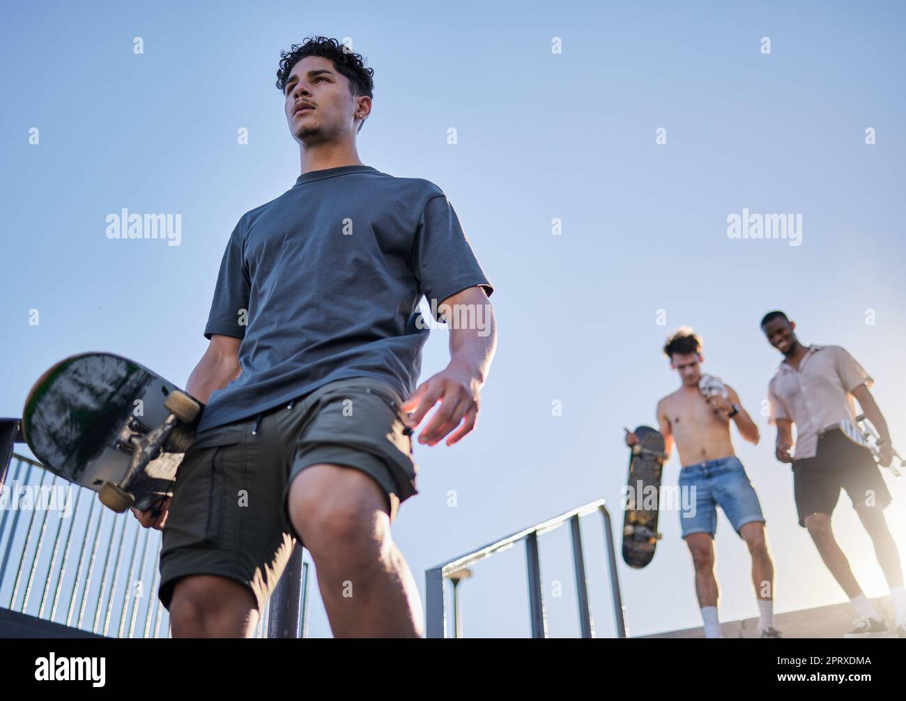 Skateboard, friends group and skatepark together, walking stairs and ...
