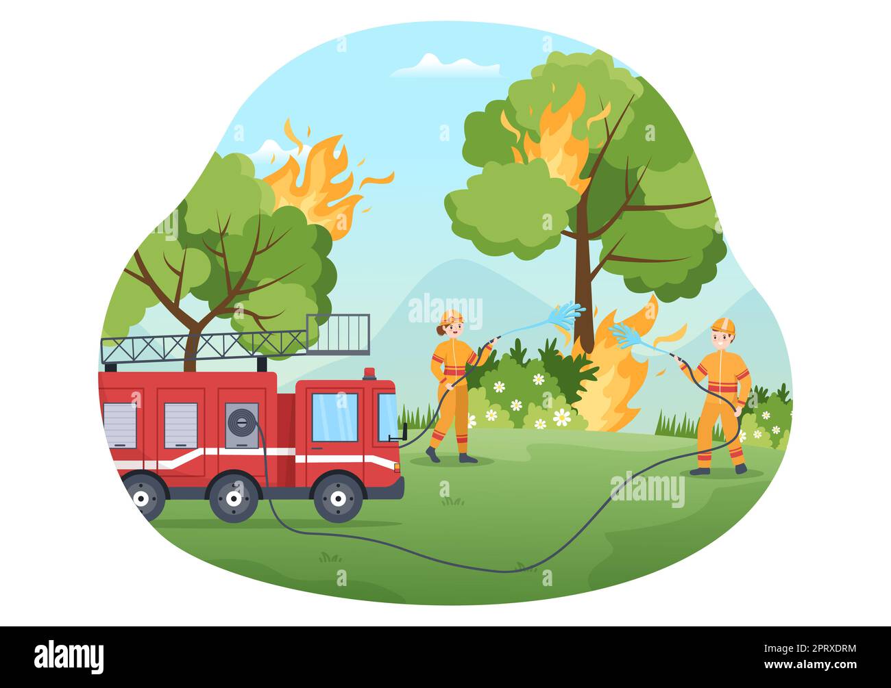 Fire Department with Firefighters Extinguishing House, Forest and ...