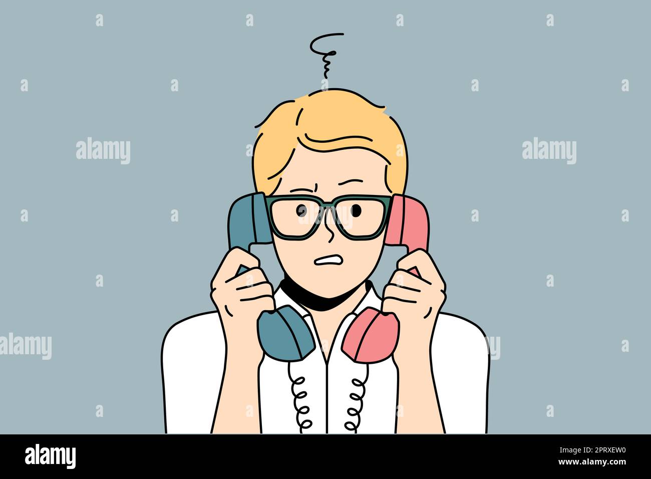 Confused man with landline phones headsets feel frustrated talking ...