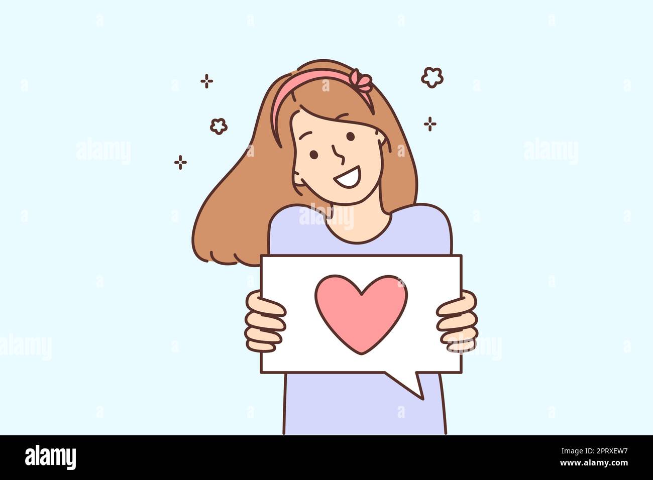 Smiling girl show heart drawing on paper share love and care to world ...