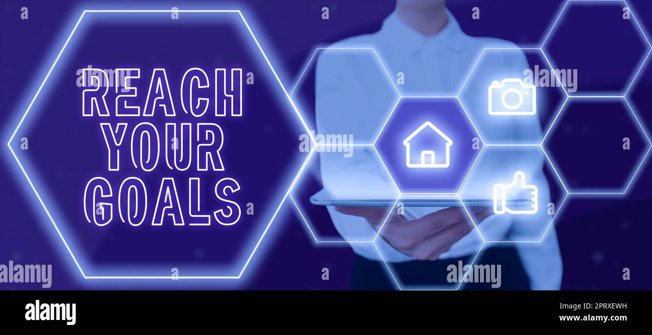 Hand writing sign Reach Your Goals, Business showcase Business and ...