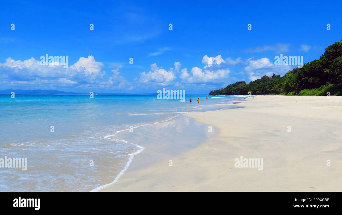 Beautiful white sand, clear water beach with the backdrop of lush green ...