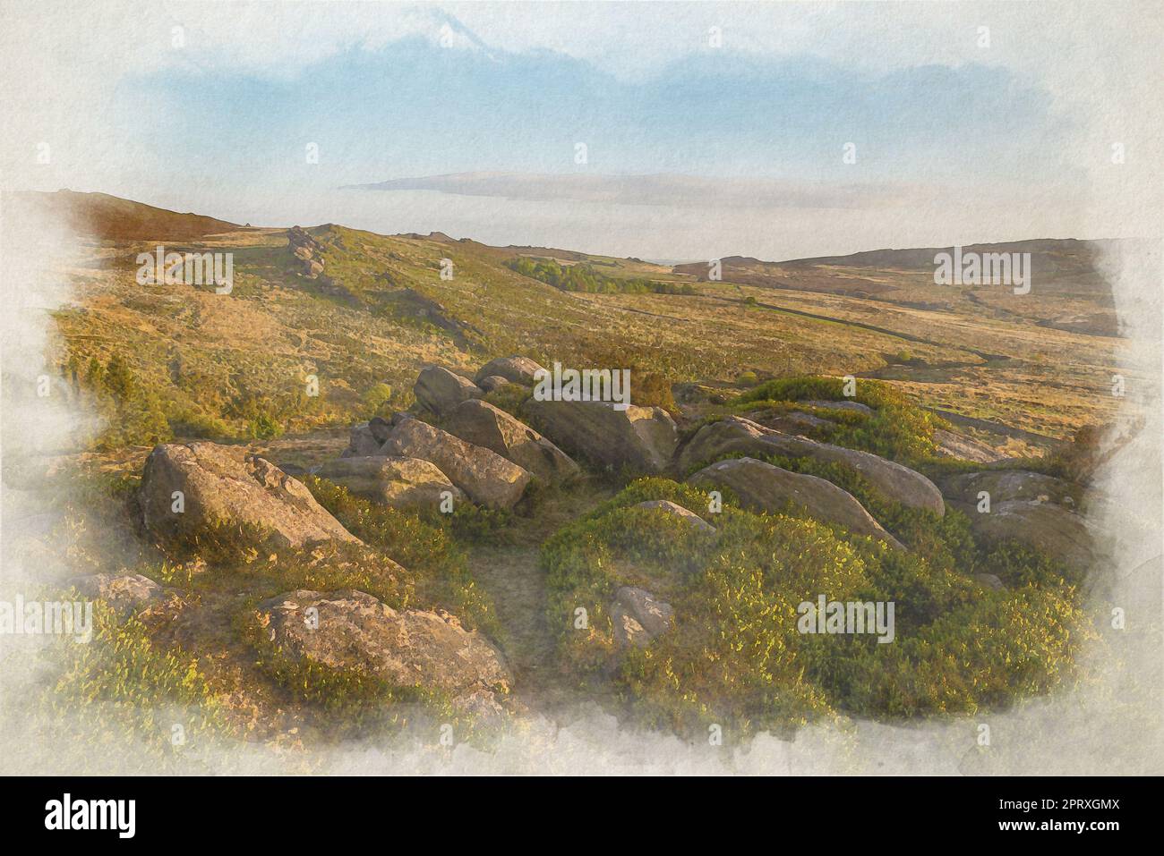 A digital watercolour painting of Gib Torr looking towards the Roaches ...