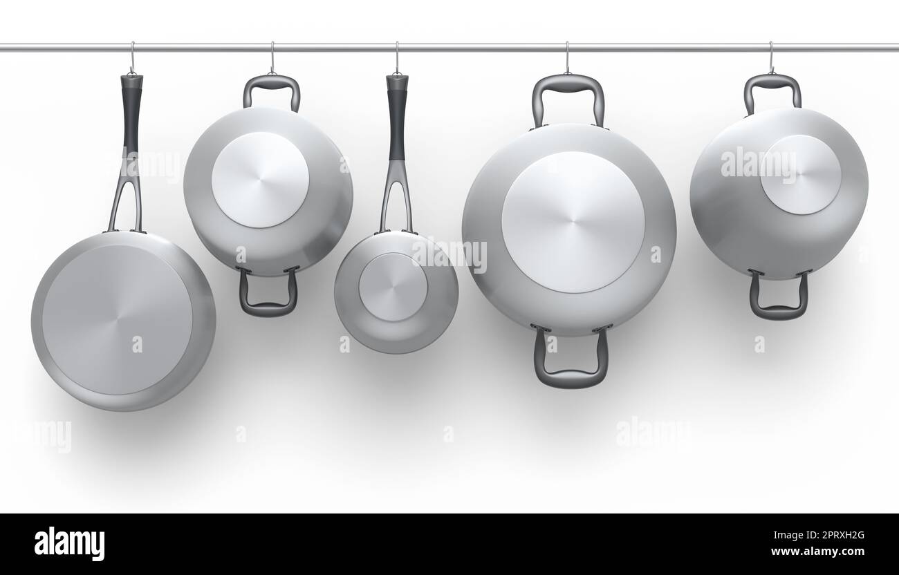 Set of stainless steel stewpot, frying pan and chrome plated aluminum ...