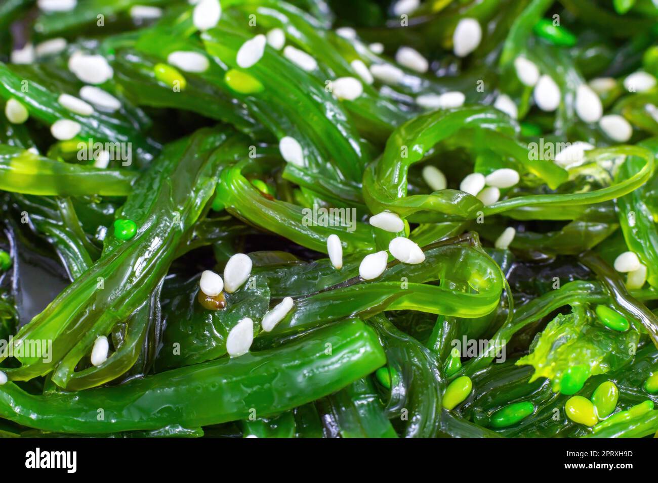Asian green seaweed Chuka salad with sesame seeds close up as a food background Stock Photo - Alamy