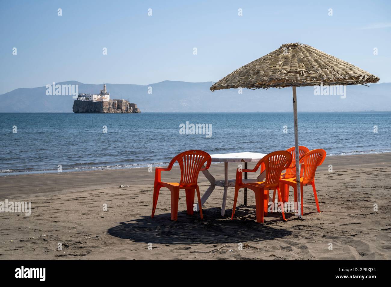 Rock of Al Hoceima seen from Tayeth beach. The island is Spanish ...