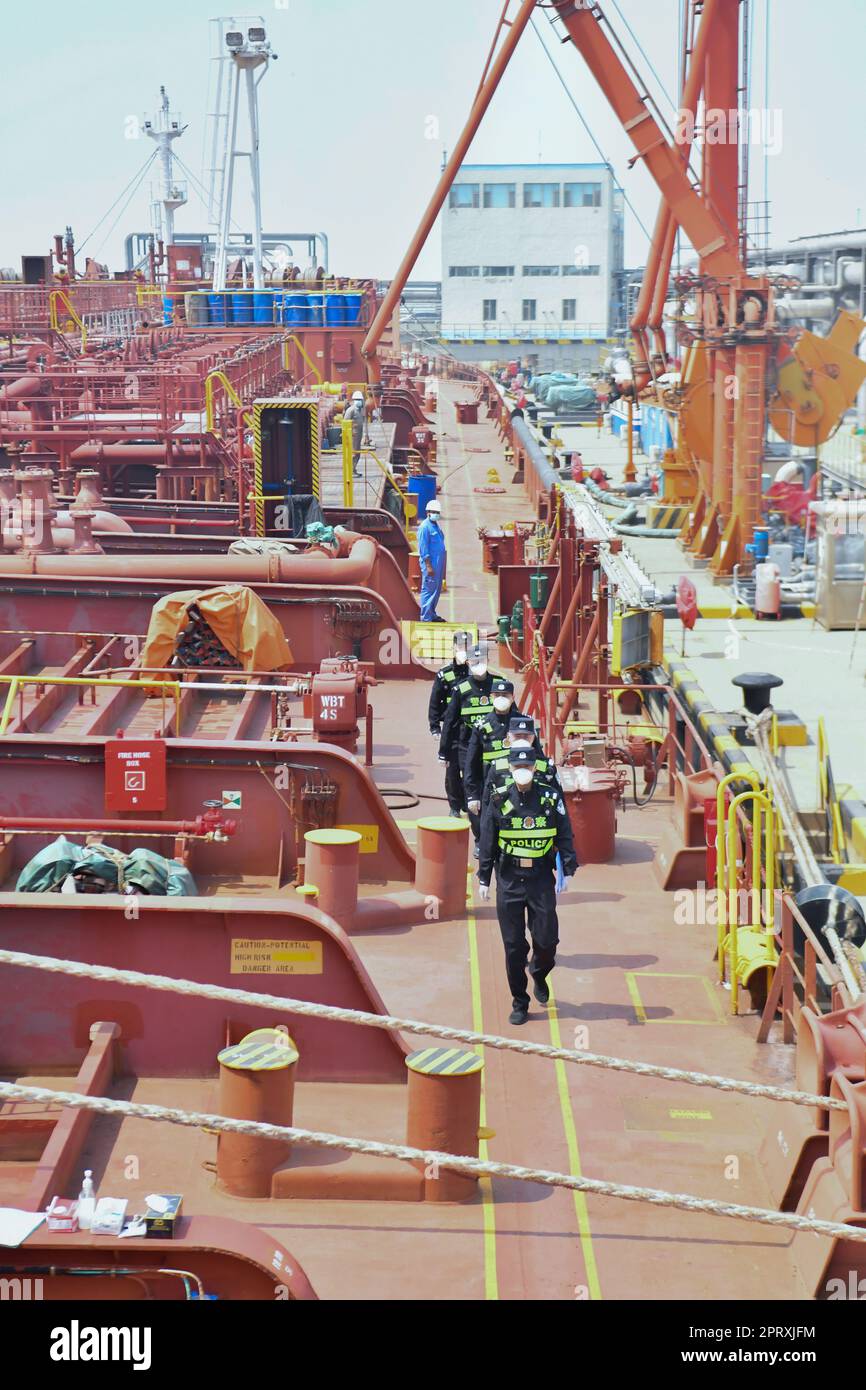 DONGYING, CHINA - APRIL 27, 2023 - Police inspect the deck area of an outer ship in Dongying ...
