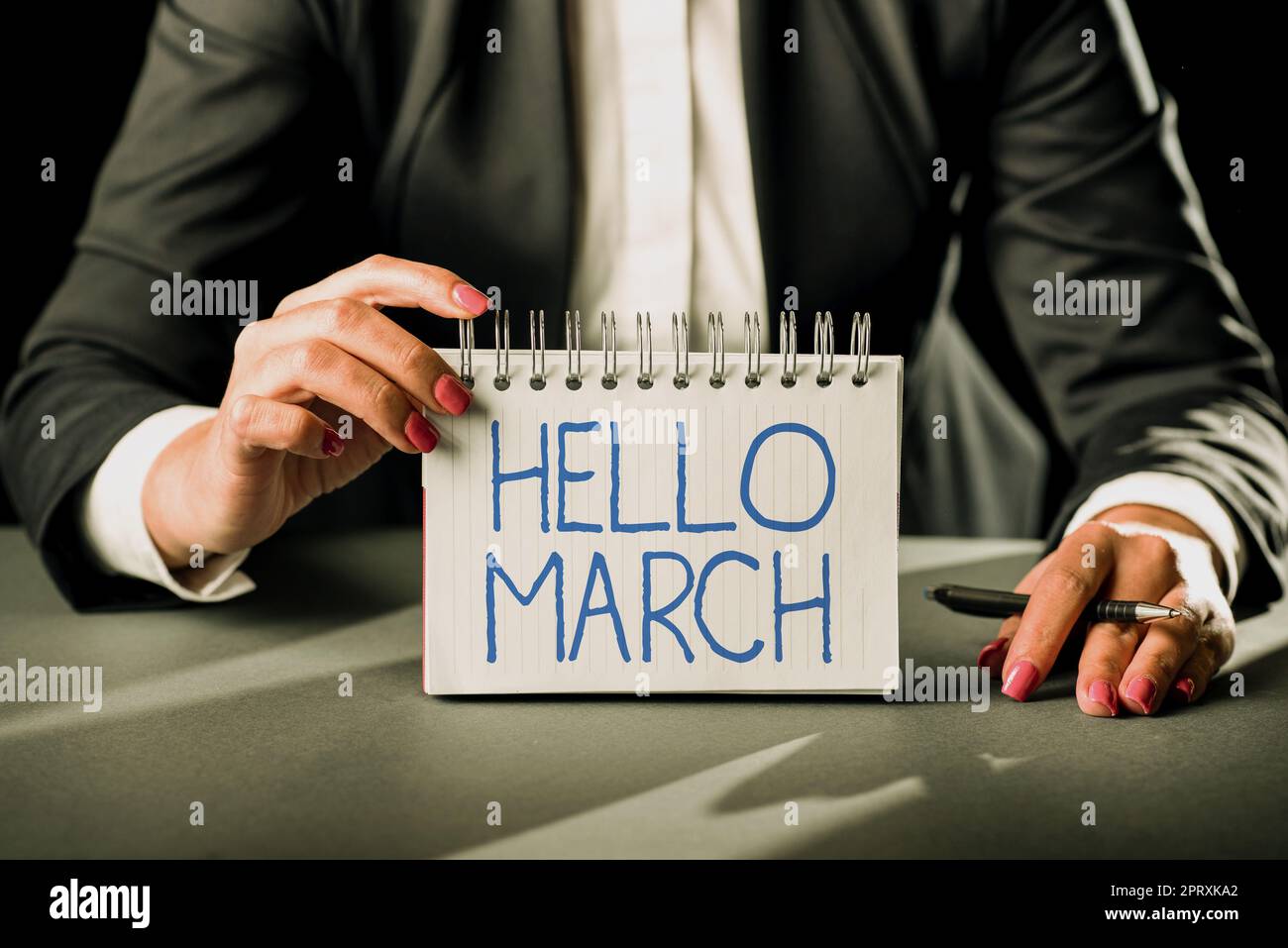 Text caption presenting Hello March, Business overview a greeting ...