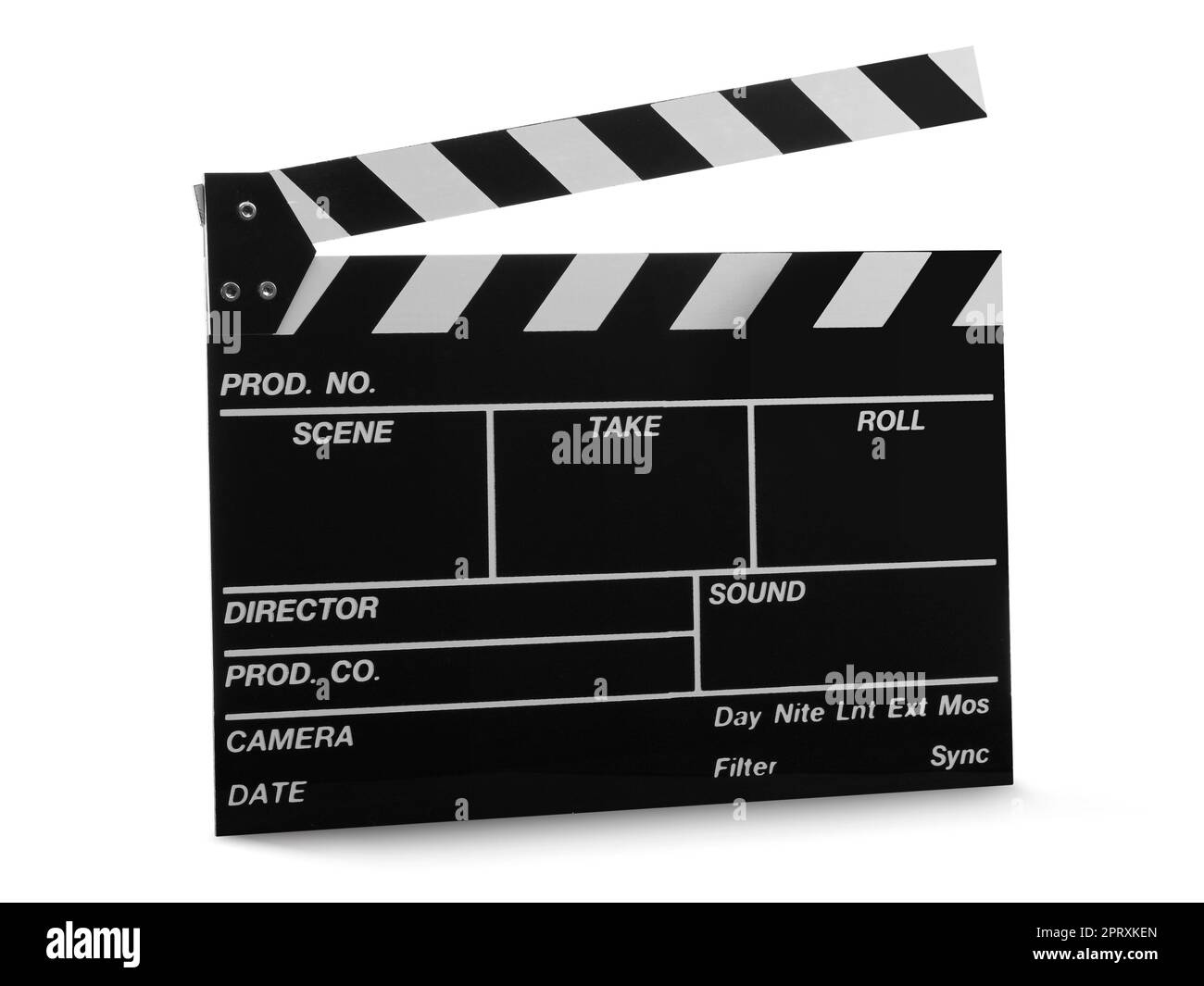 A studio shot of an open movie clap isolated against white background ...