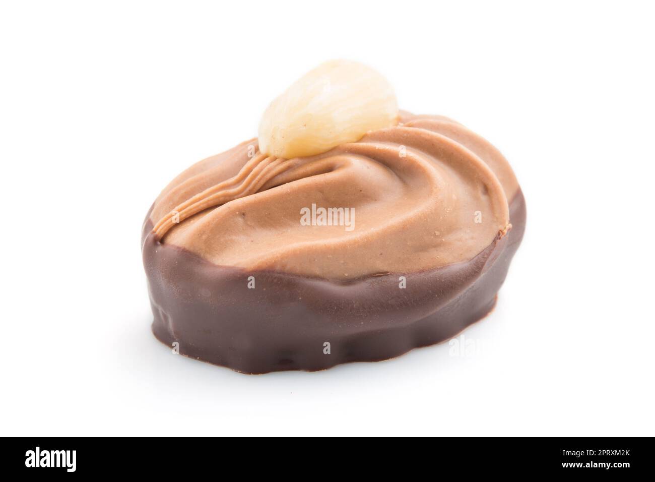 Single chocolate candy isolated on white background. side view, close ...