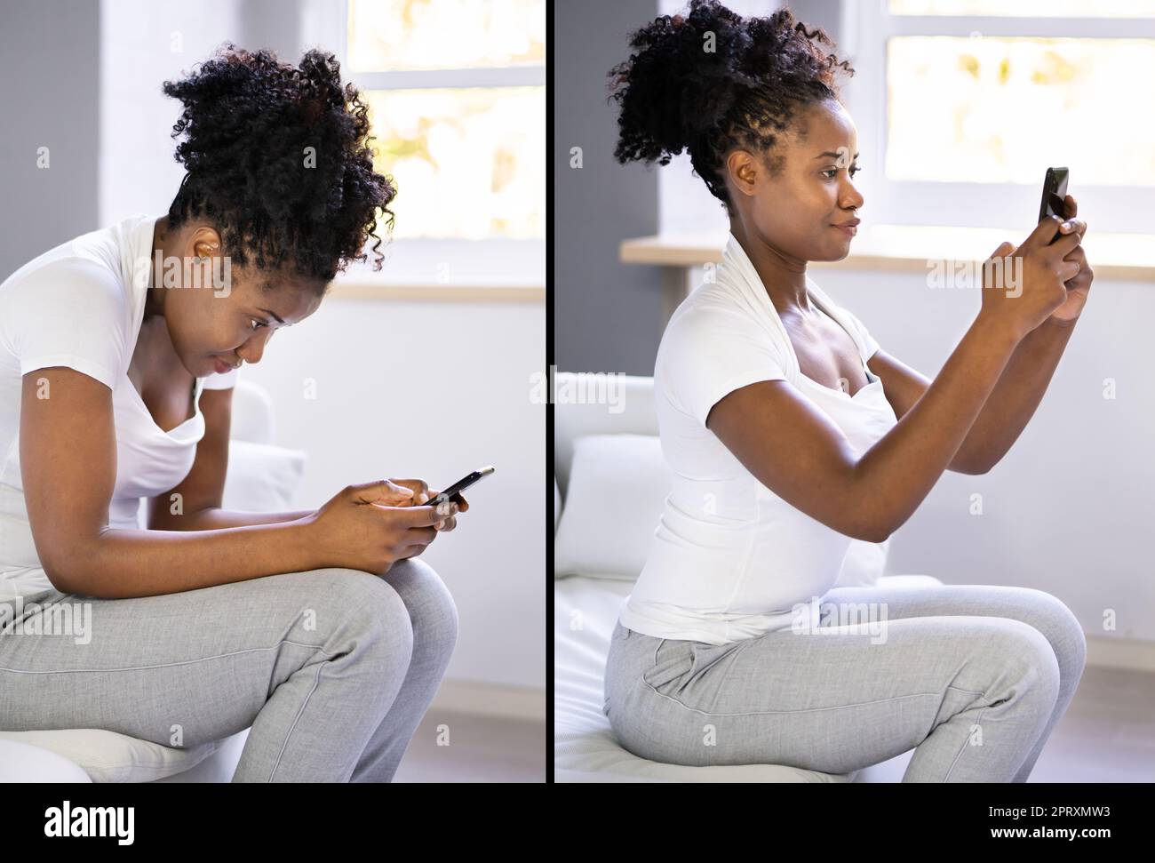Incorrect And Correct Spine Posture Using Smartphone Or Phone Stock ...