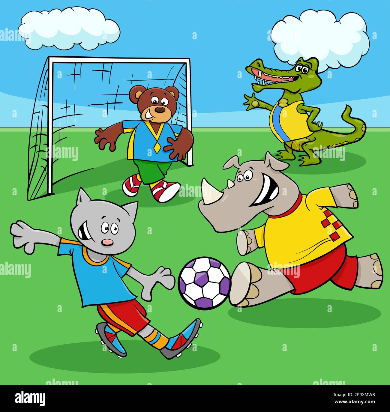cartoon animal soccer playing match on football field Stock Vector ...