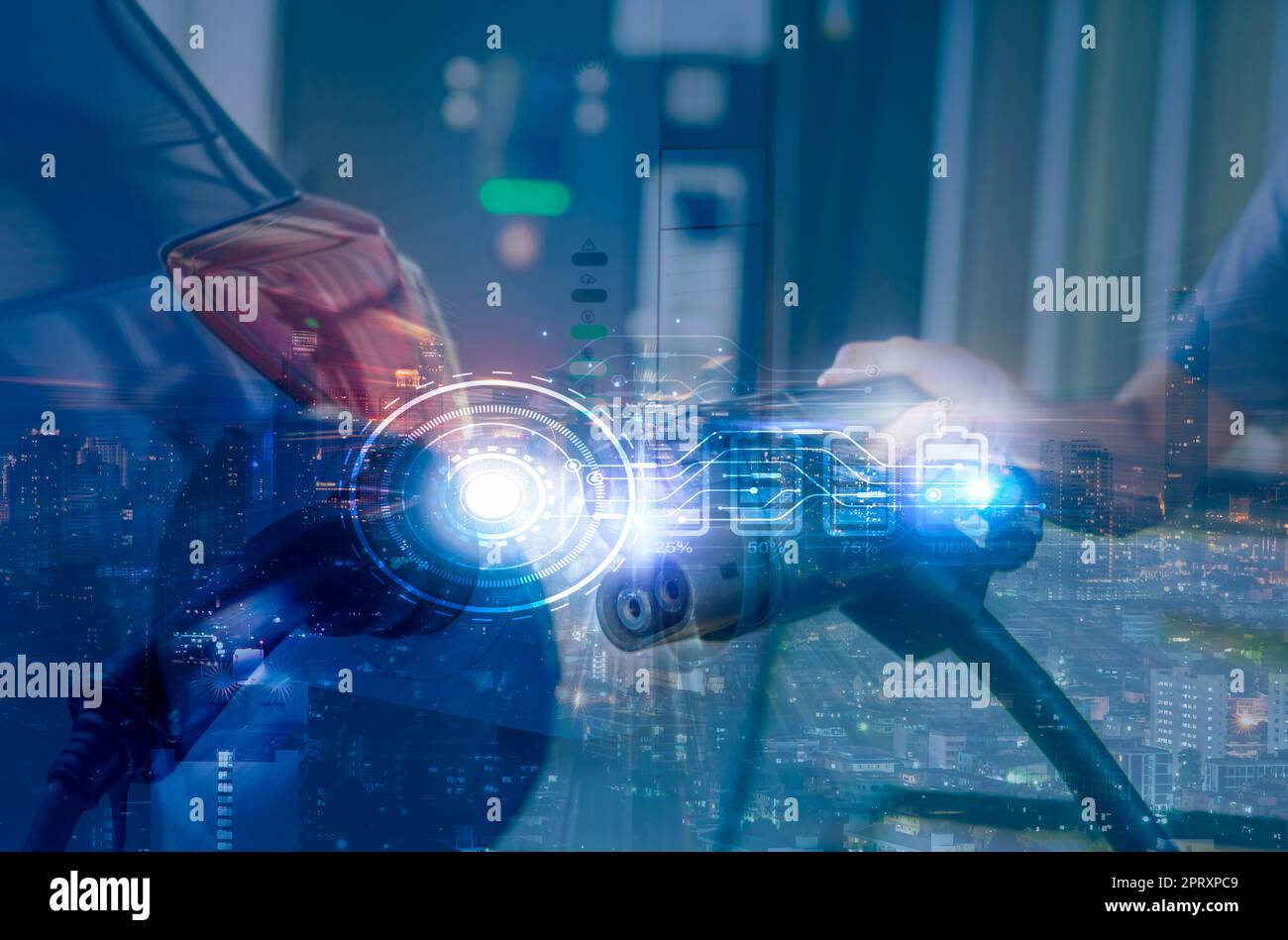 Car charging at electric car charging station and city night lights ...