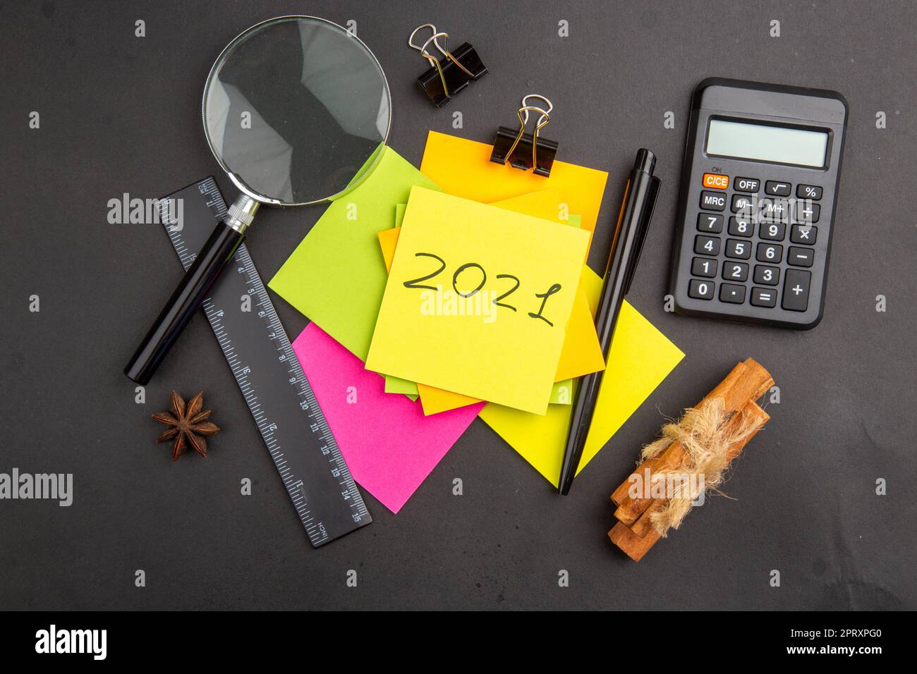 top view written on sticky note colorful sticky notes lupa pen ...