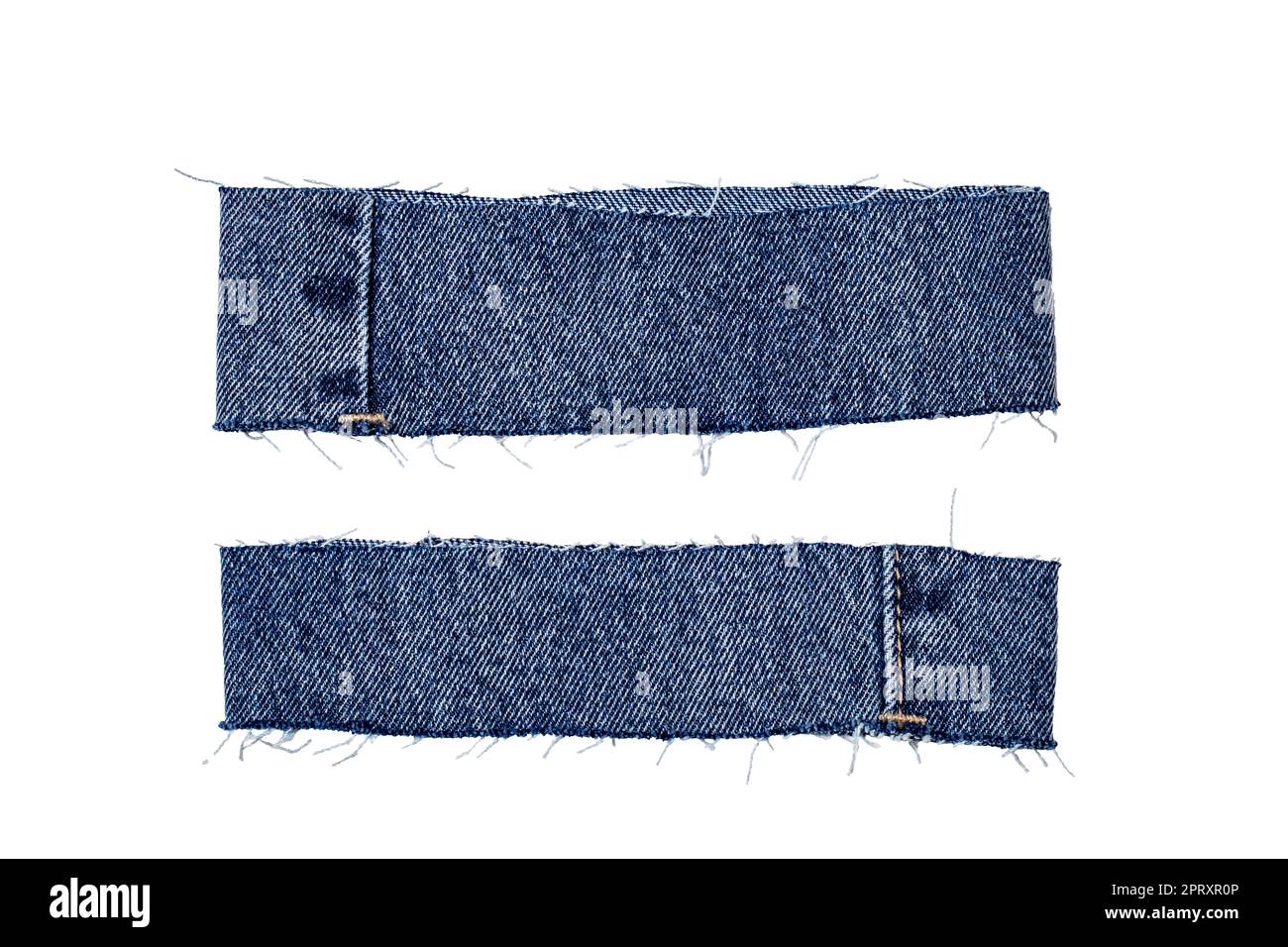 Pieces of jeans fabric with fringe isolated on white background. Two ...