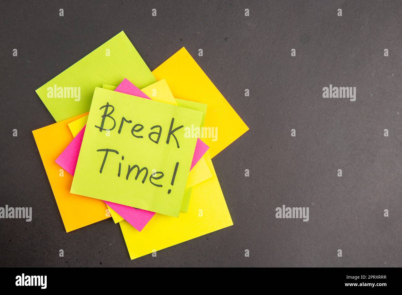 top view break time written on sticky note colorful sticky notes on ...
