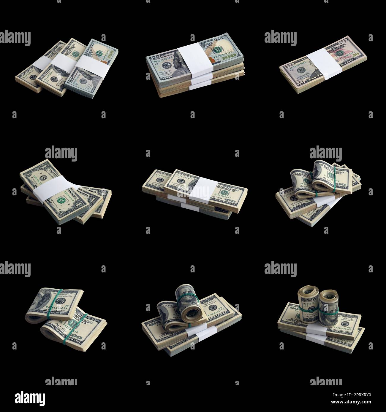 Big set of bundles of US dollar bills isolated on black. Collage with ...
