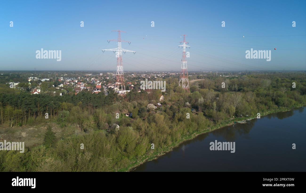 High-voltage power line goes over Vistula River close to Warsaw, Poland ...