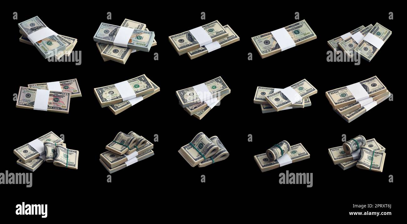 Big set of bundles of US dollar bills isolated on black. Collage with ...