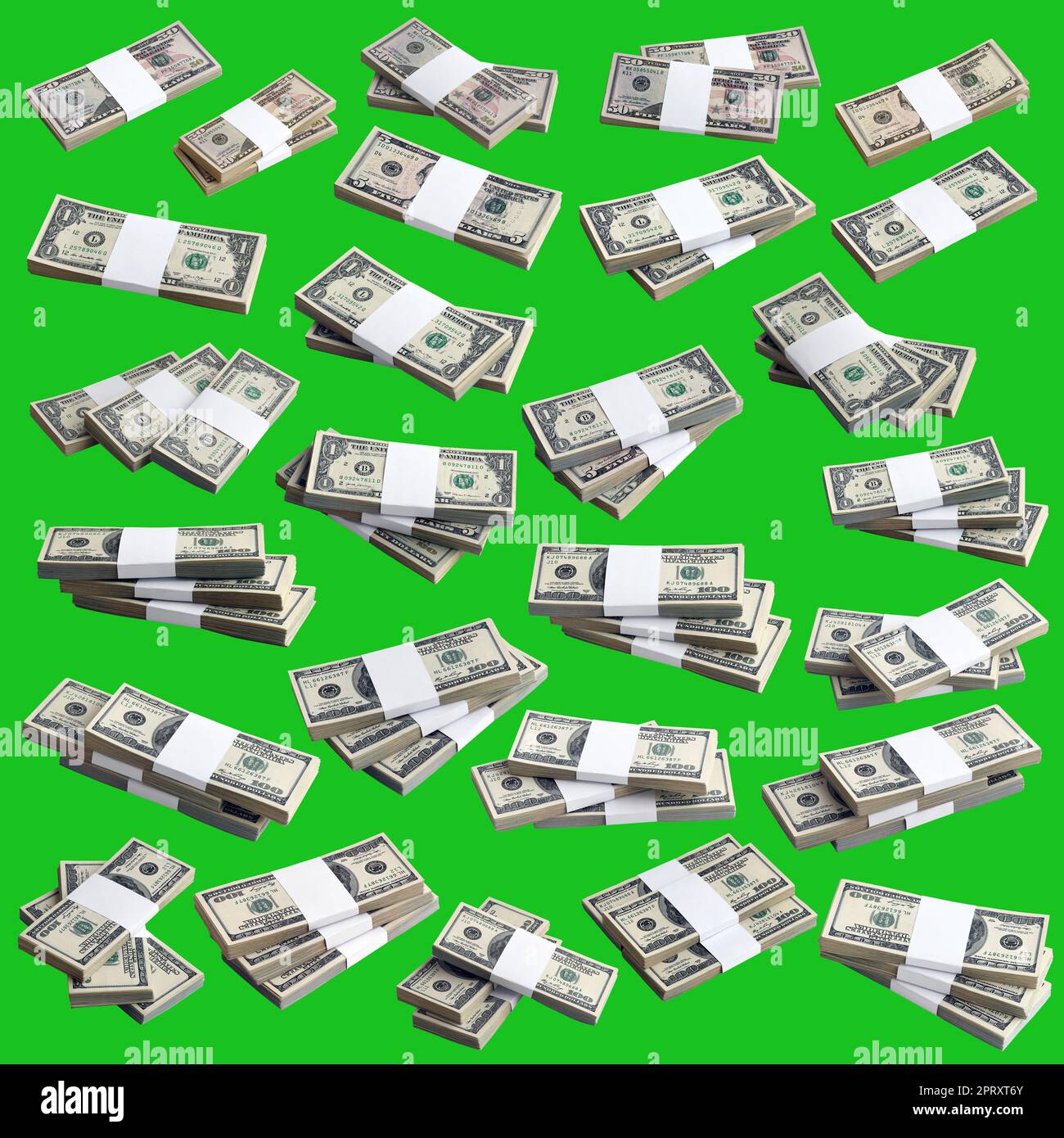 Big set of bundles of US dollar bills isolated on chroma key green ...