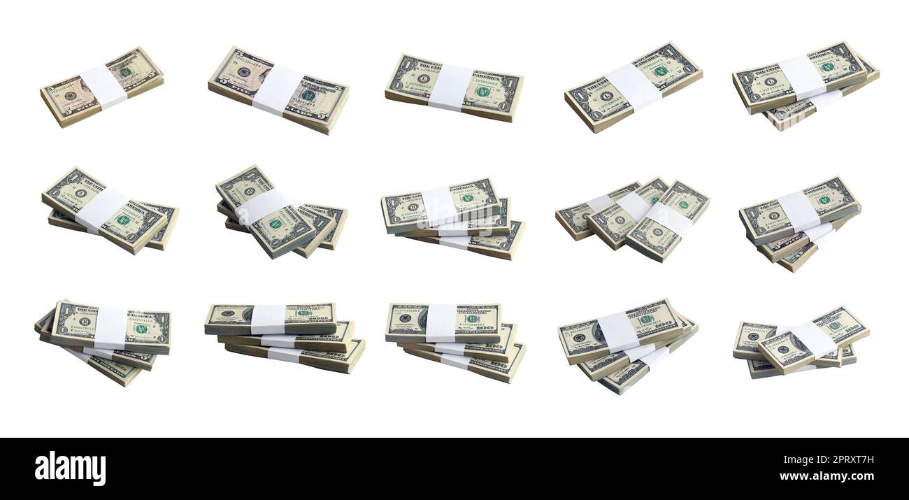 Big set of bundles of US dollar bills isolated on white. Collage with ...