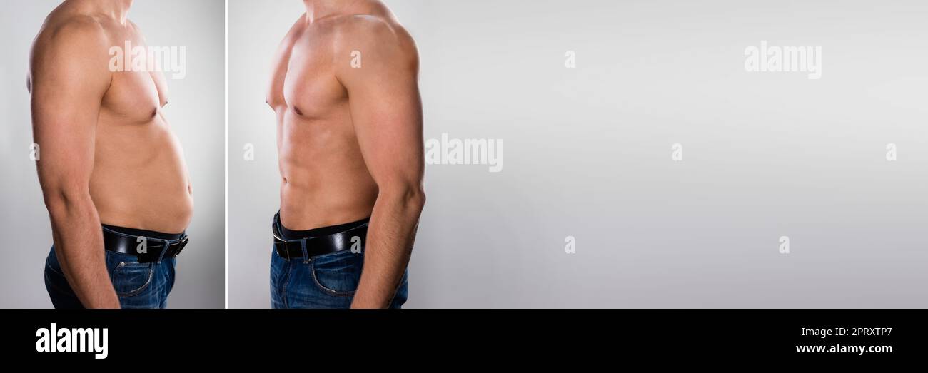 Before After Man Body Fat And Fit Abs Stock Photo - Alamy