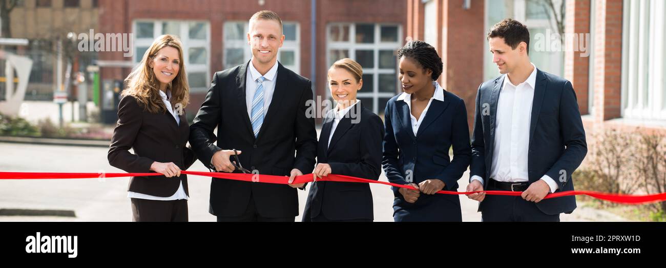 Cutting Red Ribbon And Inauguration Tape. Celebration Ceremony Stock ...