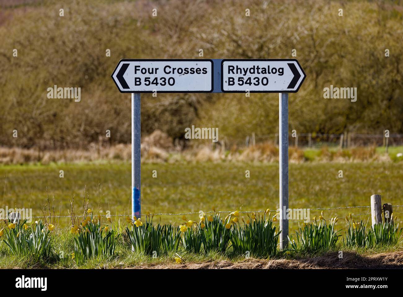 Signposts for Four Crosses and Rhydtalog on the B5430 road, North Wales ...