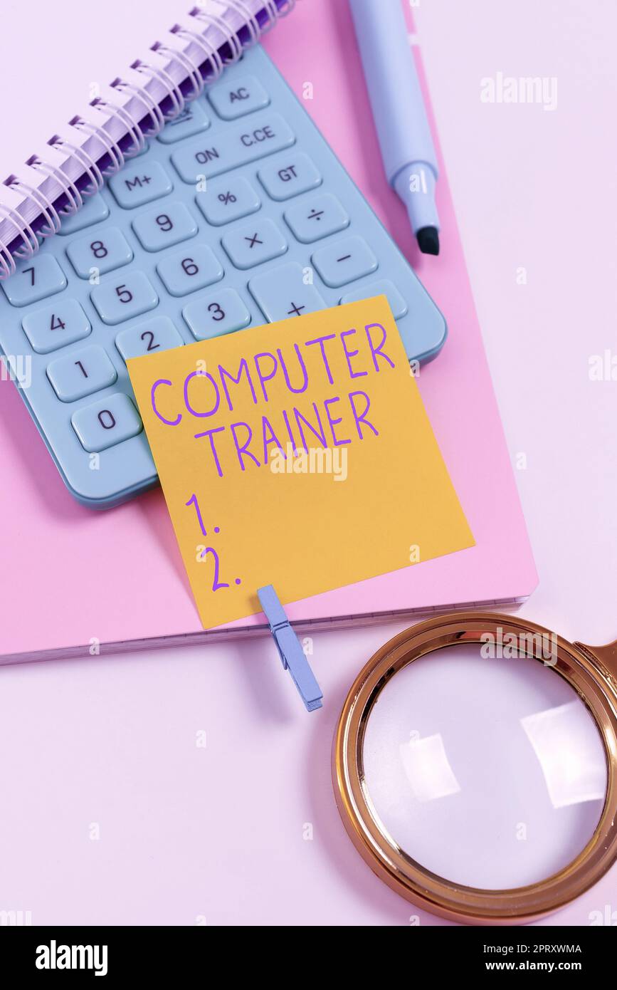 Text caption presenting Computer Trainer, Business idea instruct and help users acquire ...