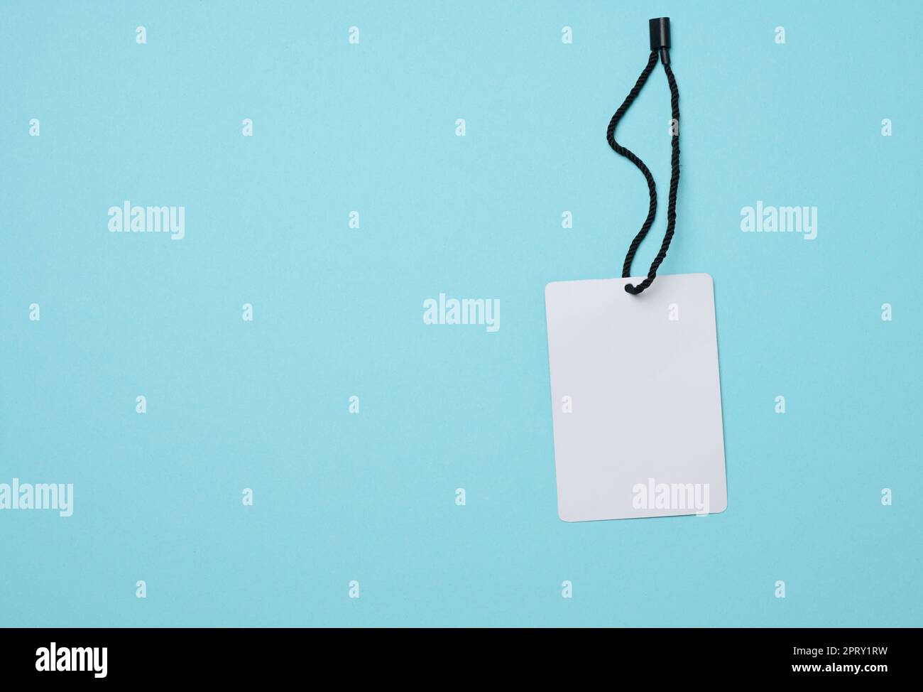 Empty white cardboard tag on a white rope, blue background. Price tag ...
