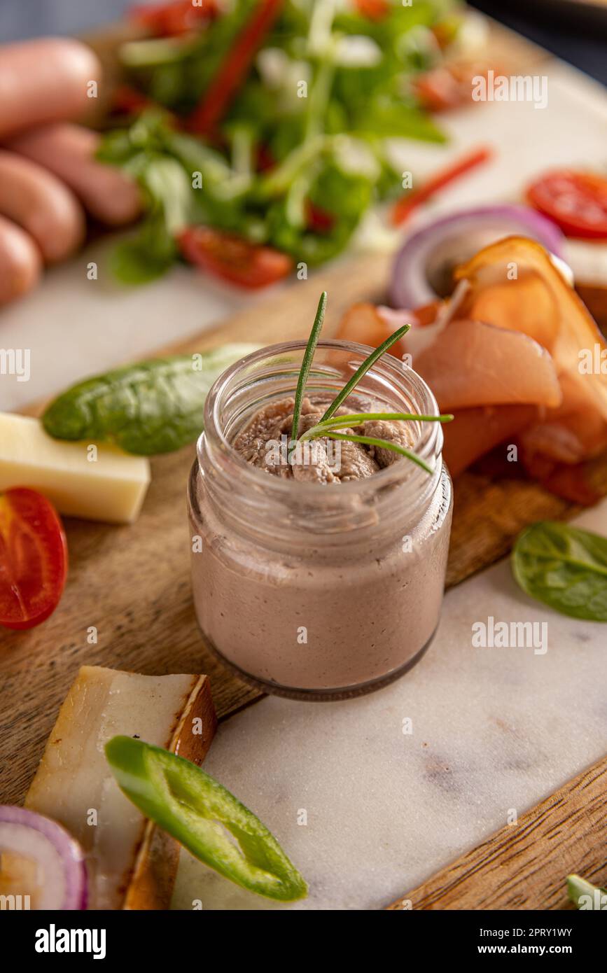 Glass jar of chicken liver pate, breakfast concept Stock Photo - Alamy