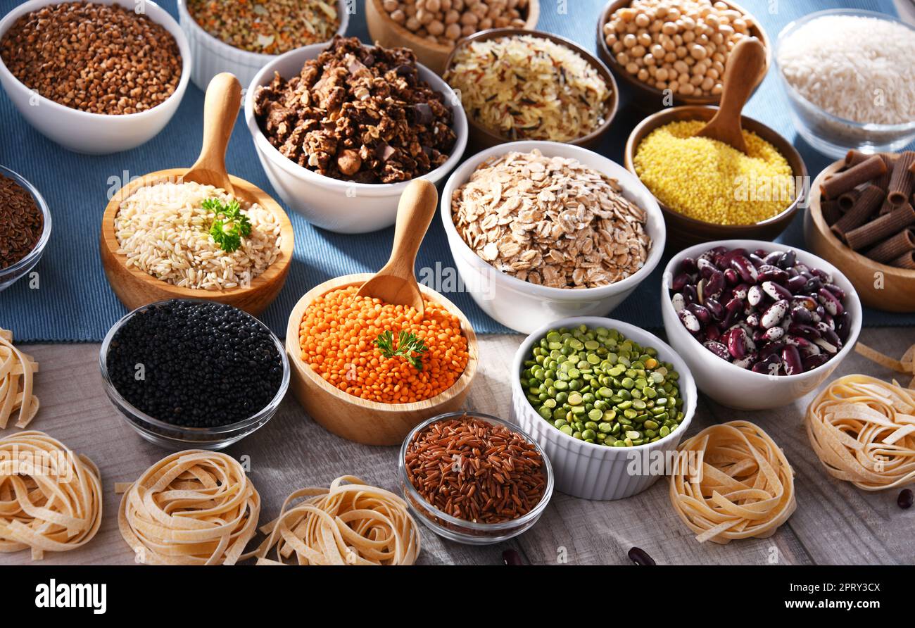Composition with different kinds of dry food products Stock Photo - Alamy