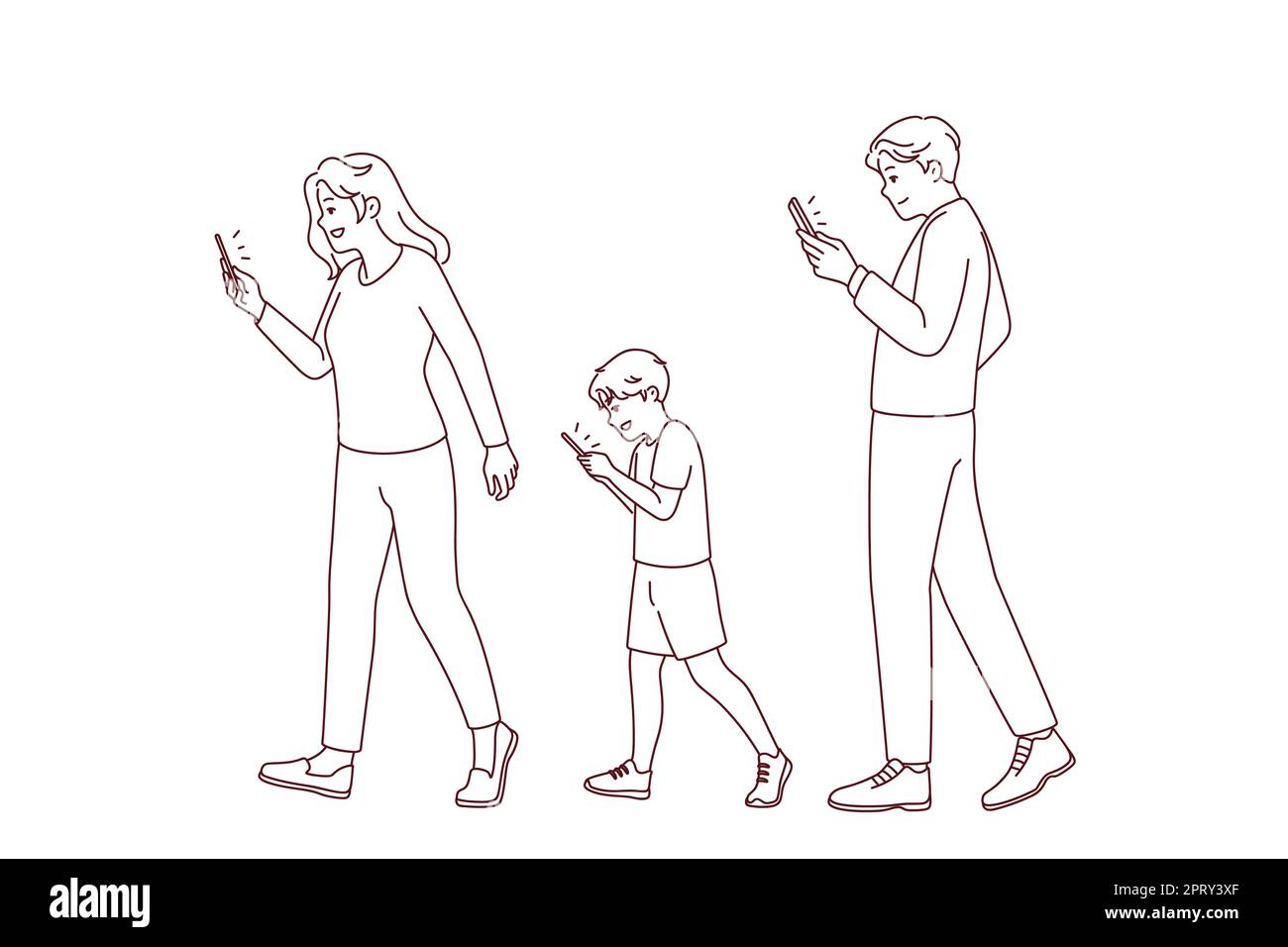 Family with kid walking street holding smartphones. Addicted parents ...