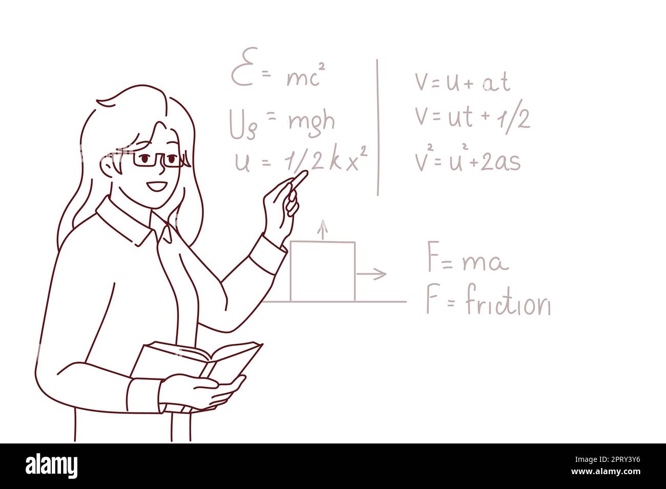 Smiling female teacher standing near black board talking at lesson in ...