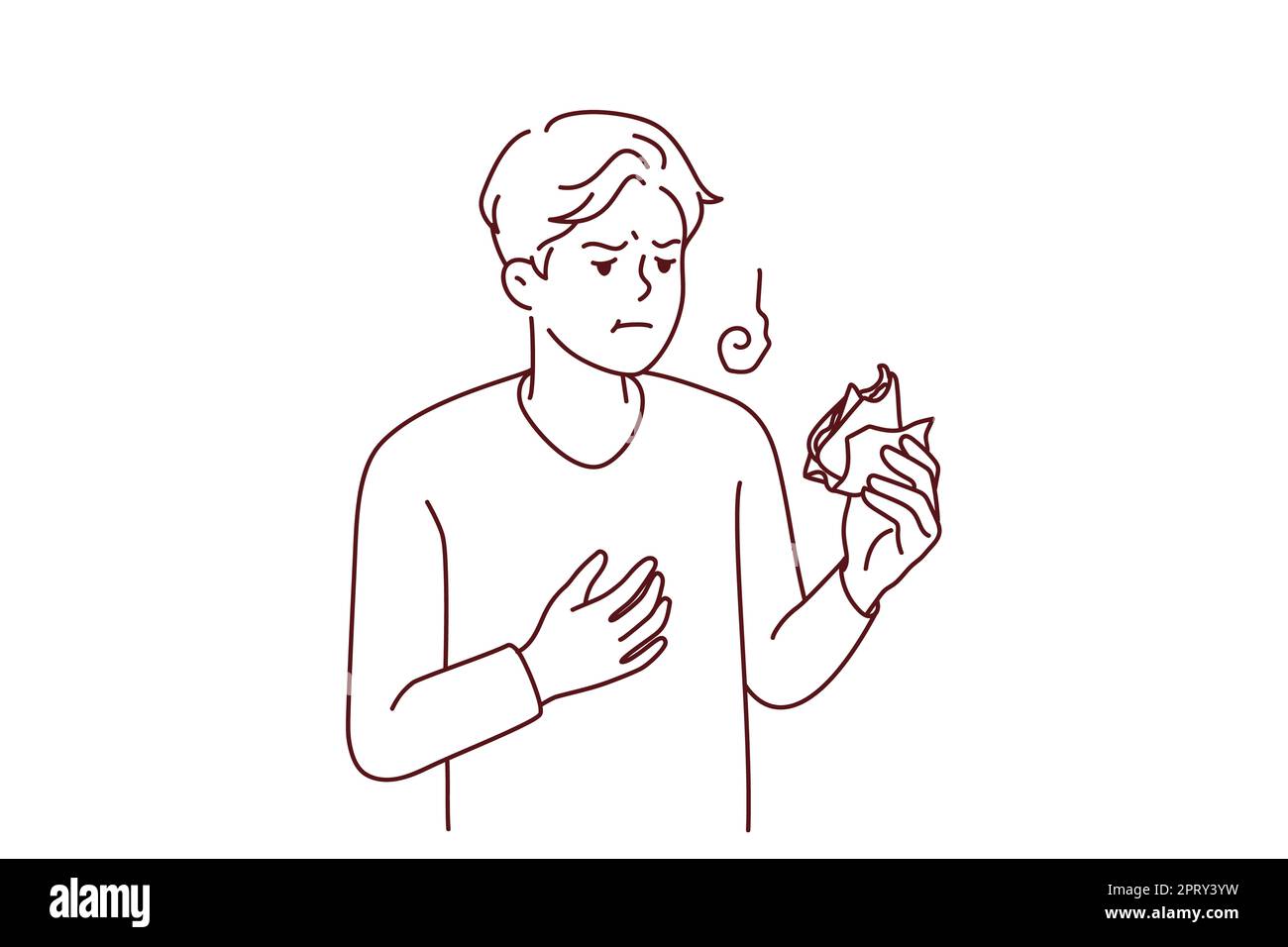 Unwell young man feel bad eating sandwich. Unhealthy guy have ...