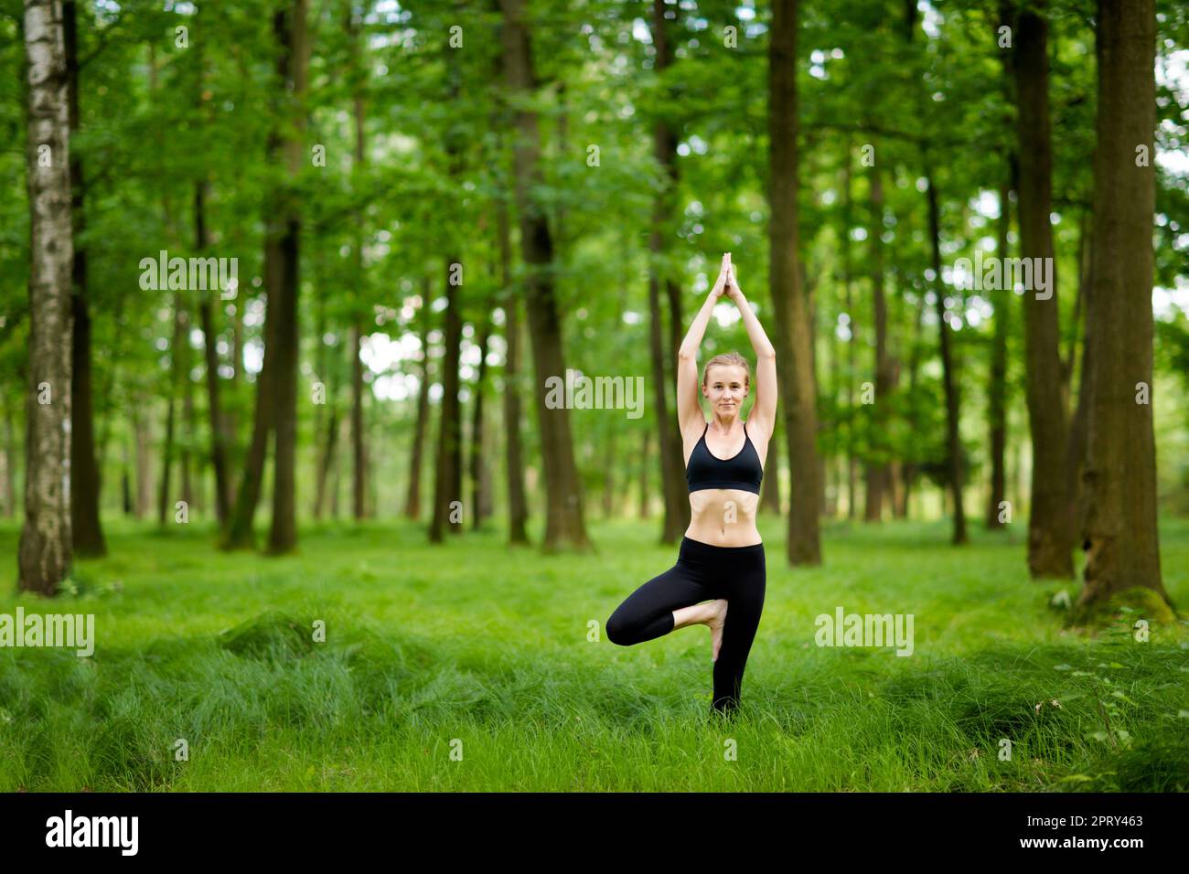 Nature yoga session in beautiful green polish woods, between trees ...