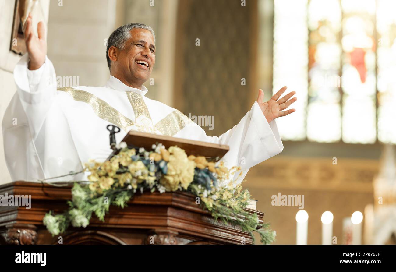 Pastor, preach and in church smile, bible and talking with pride ...