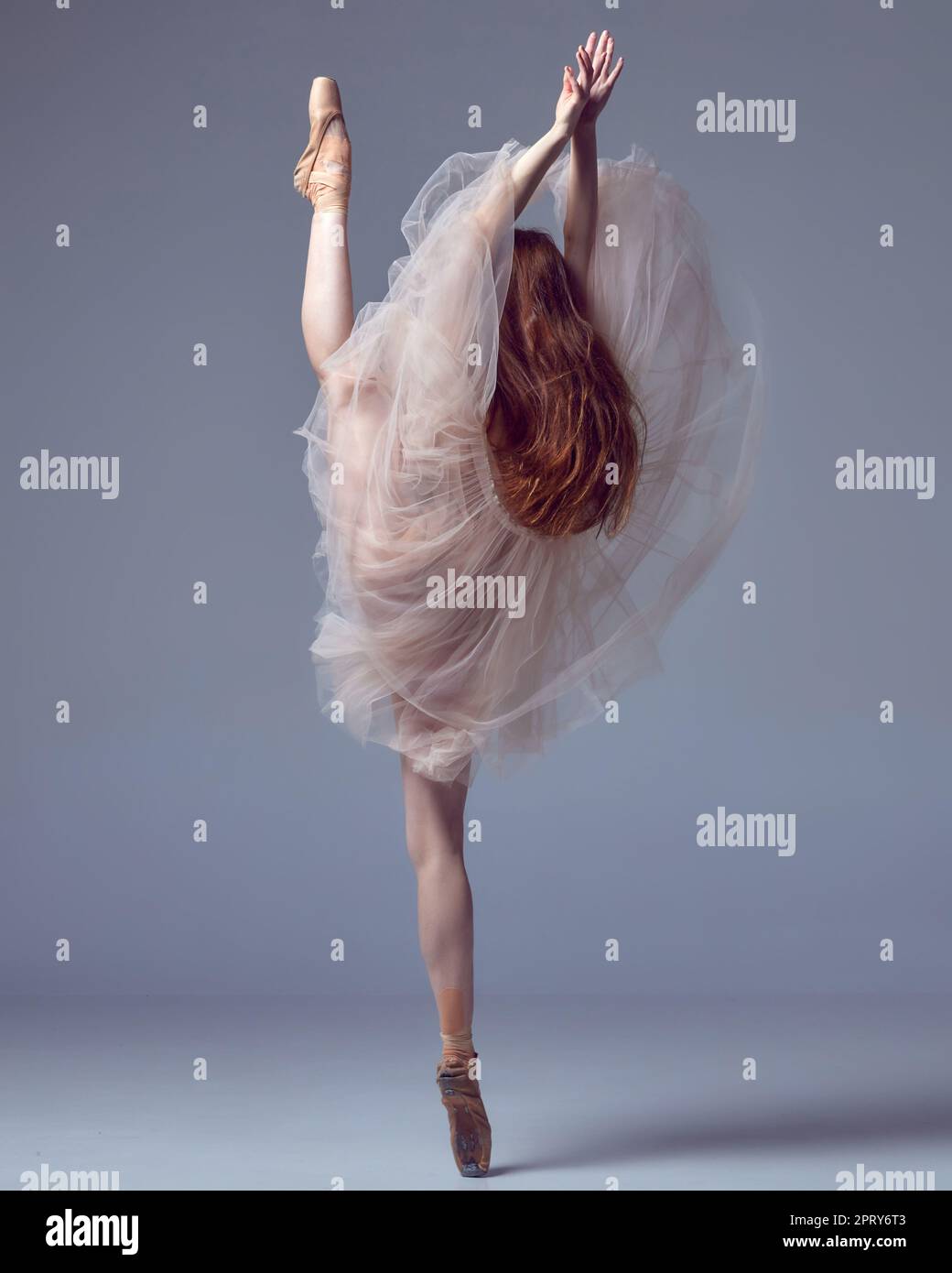 One young dancer, beautiful ballerina with red hair wearing tulle dress ...