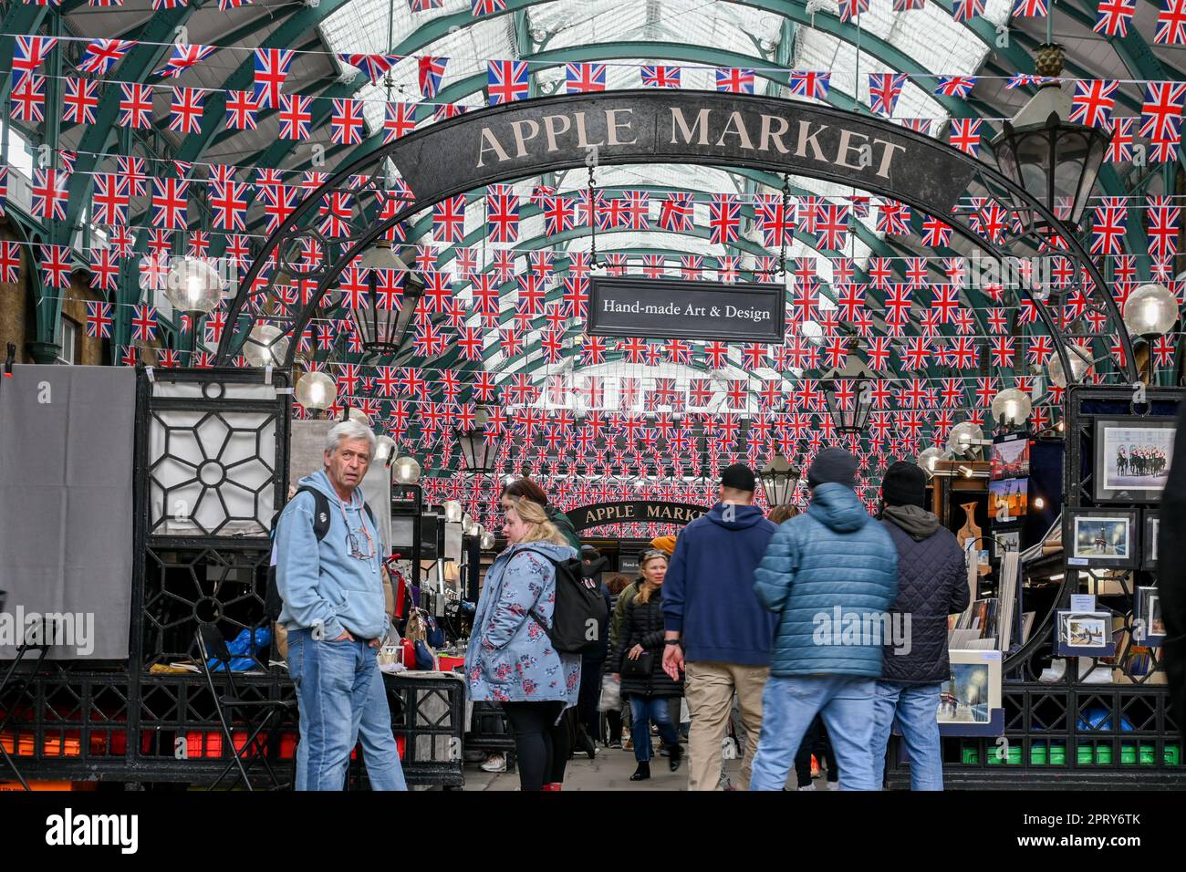 London, UK. 27th Apr, 2023. Union Jacks decorate at Covent Garden Market, preparing for the ...