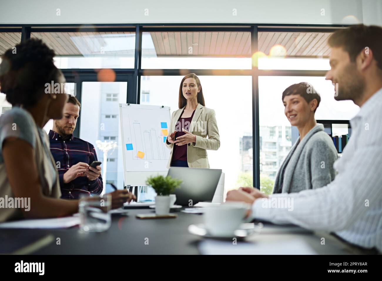 Taking note of the teams suggestions. a businesswoman giving a ...