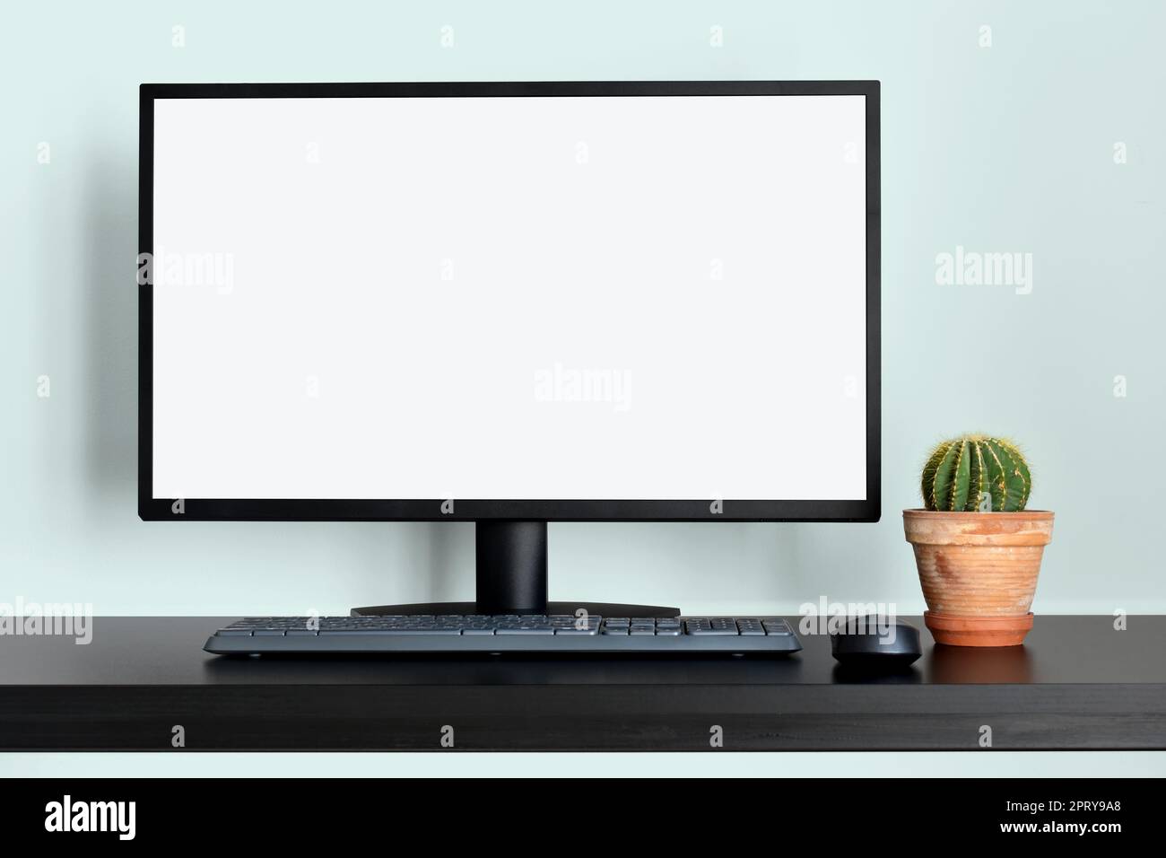 Modern blue office with empty computer desktop mockup for display your ...