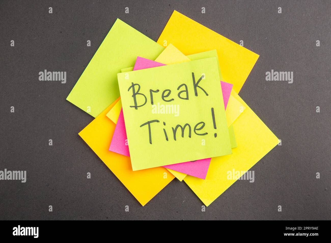 top view break time written on sticky note colorful sticky notes on ...