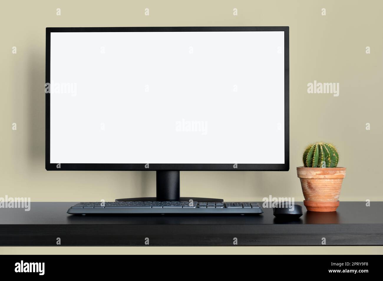 Modern green office with empty computer desktop mockup for display your ...