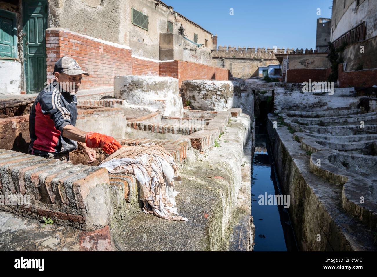 Worker in the tanneries of Tetouan handling skins inside a pool, for ...