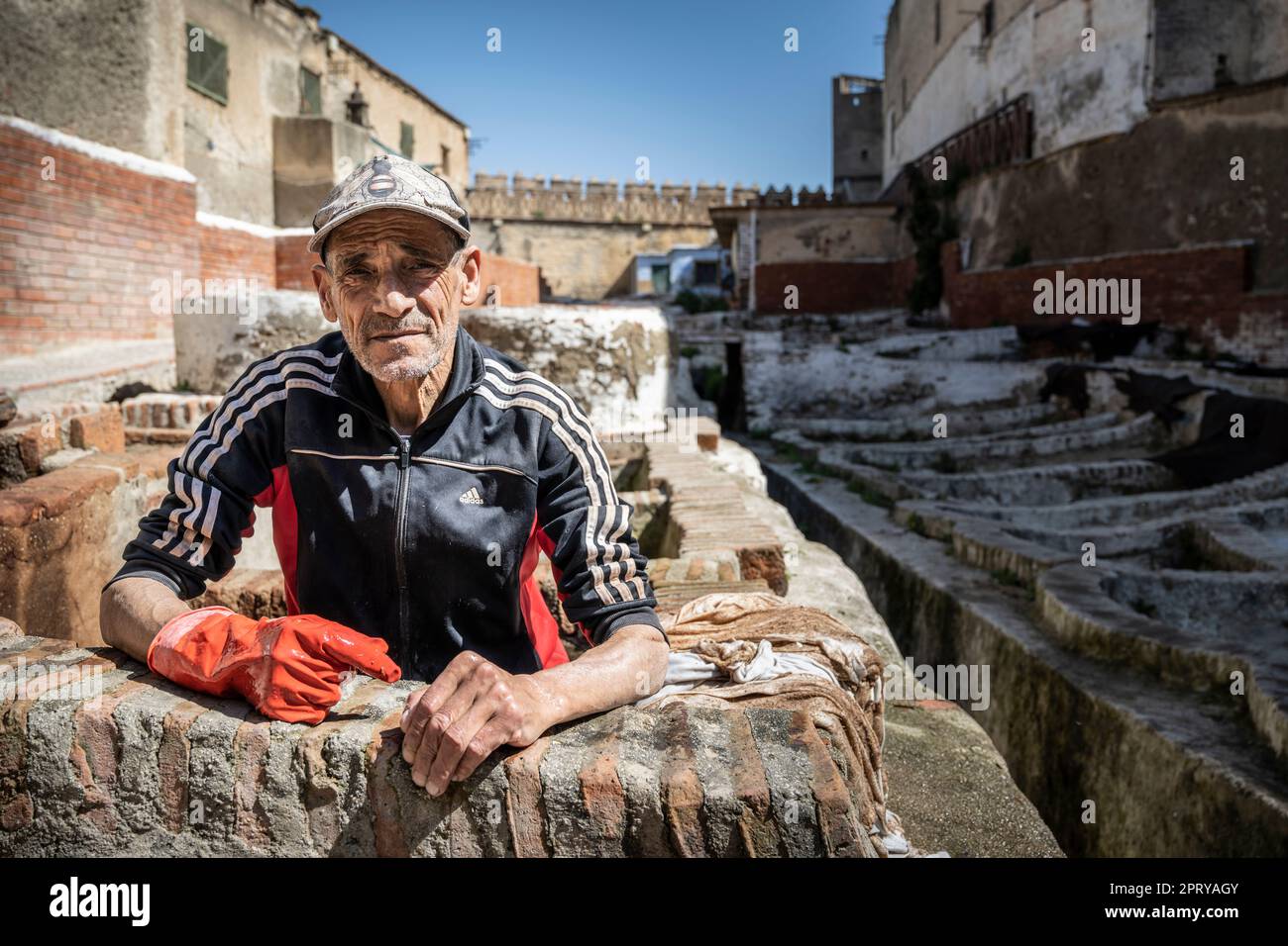 Worker in the tanneries of Tetouan handling skins inside a pool, for ...
