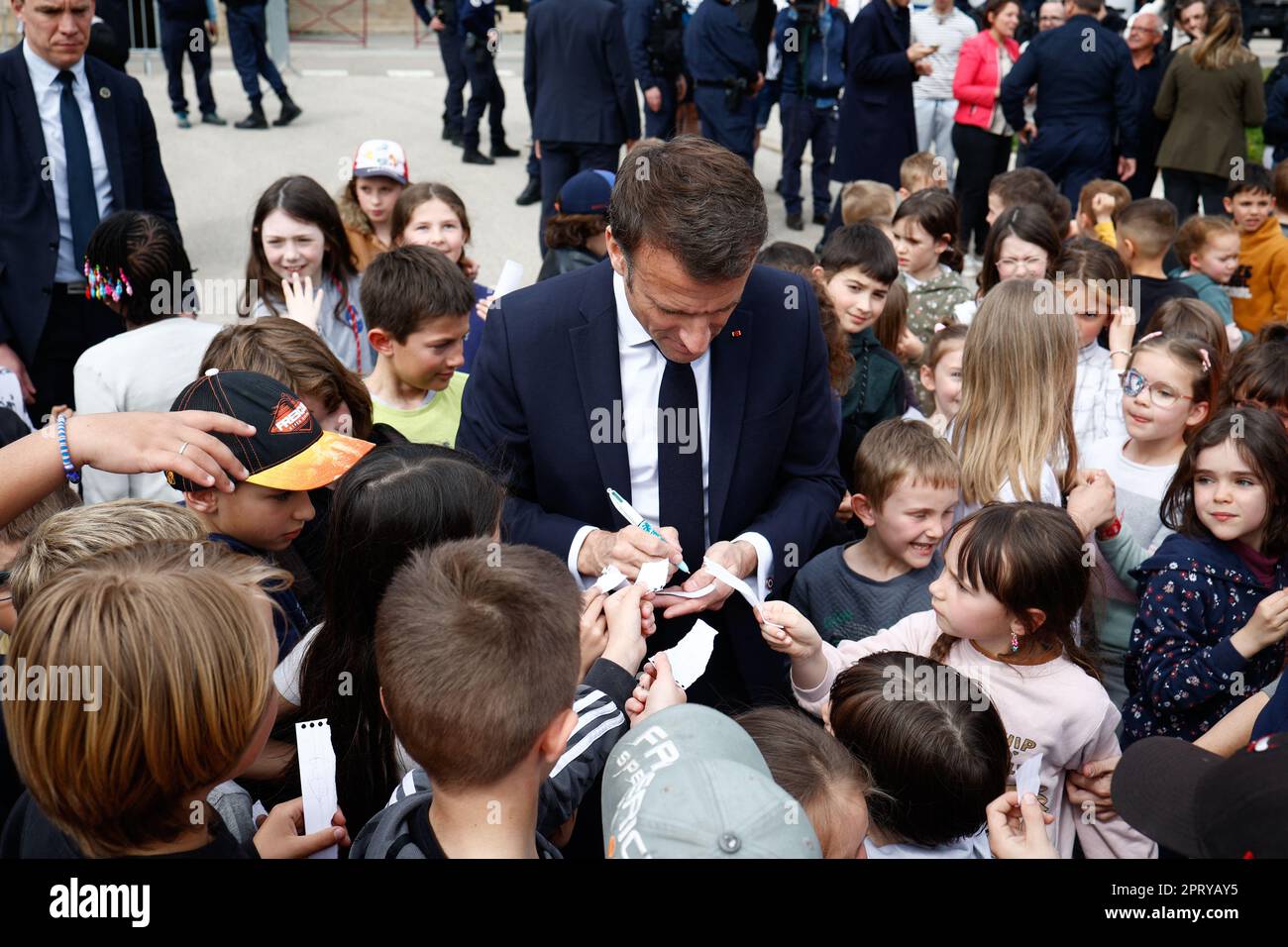 La Cluze Et Mijoux, France. 27th Apr, 2023. French President Emmanuel ...