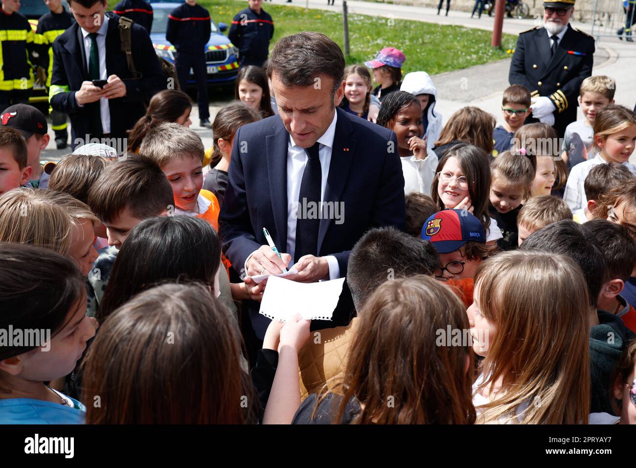 La Cluze Et Mijoux, France. 27th Apr, 2023. French President Emmanuel ...