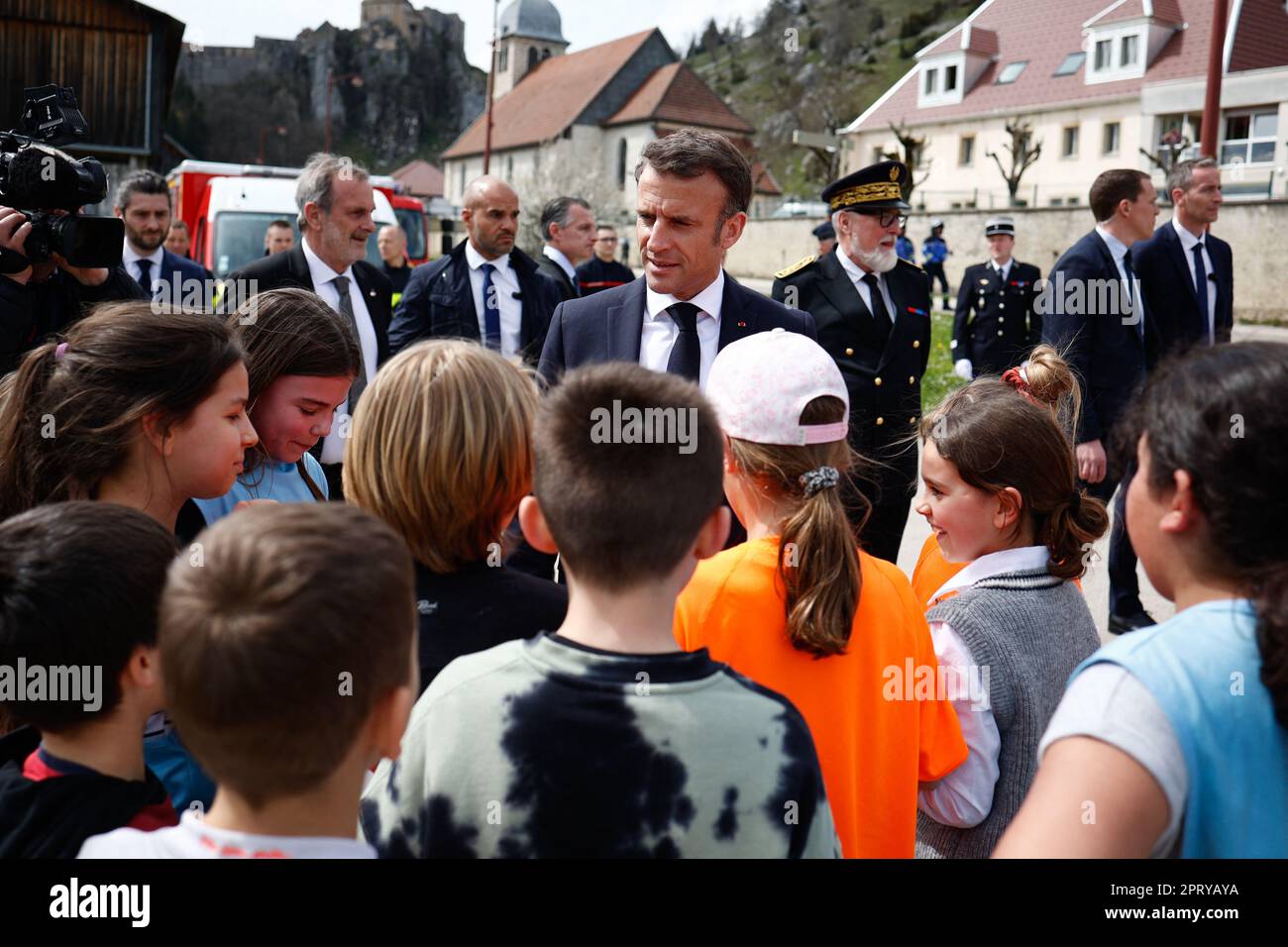La Cluze Et Mijoux, France. 27th Apr, 2023. French President Emmanuel ...
