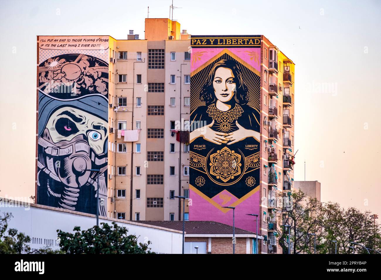 Málaga, Spain -- colorful murals, "Paz y Libertad," on an apartment ...