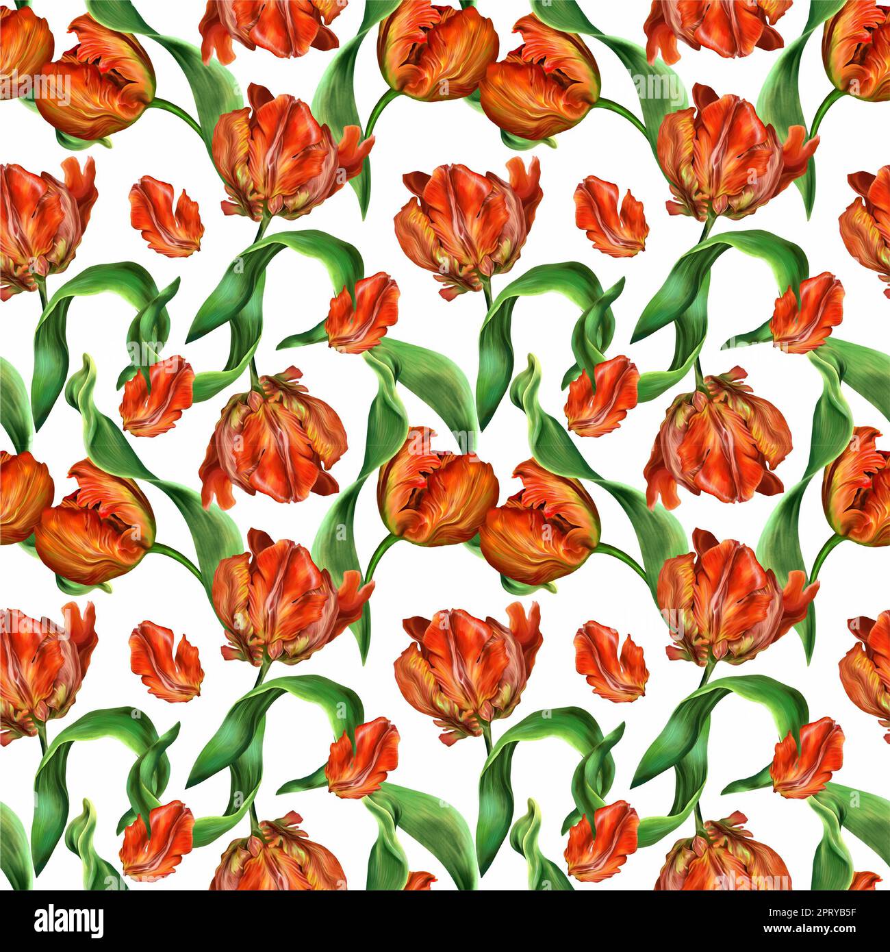 Realistic red opening tulips and petals, seamless background. Repeating ...